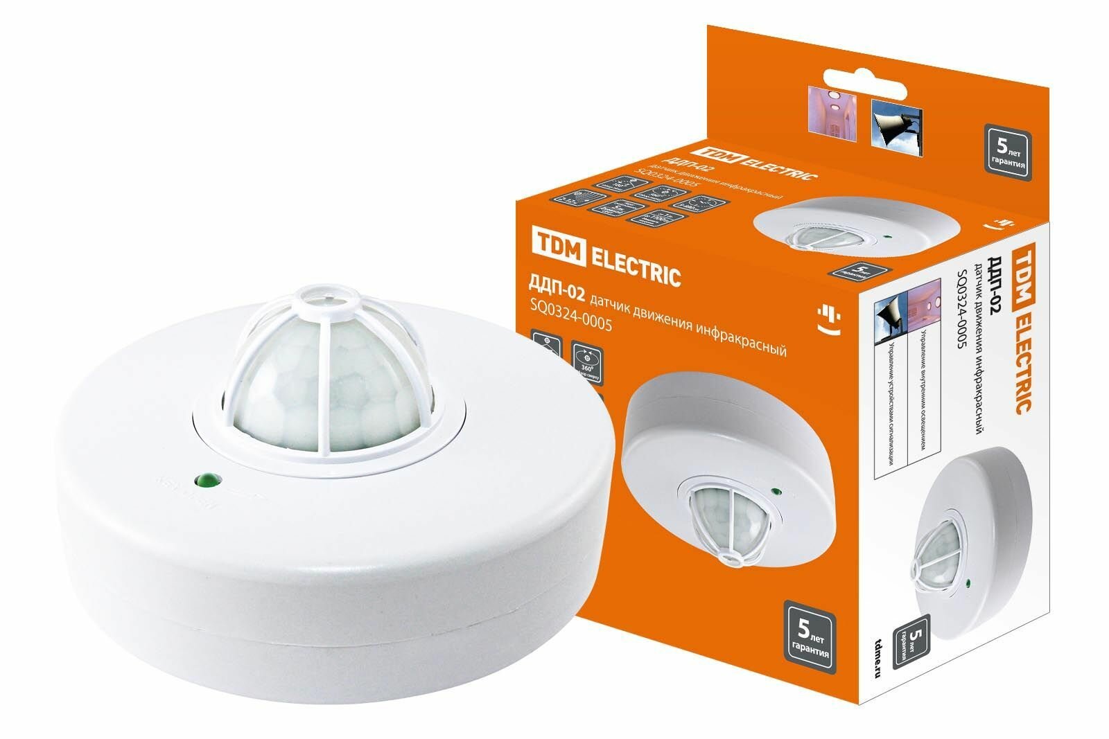 Датчик движения потолочный ДДП-02 1100Вт, 5-480с, 2-12м, 5+Лк, 160(сбоку)+360(сверху) гр, IP33, TDM