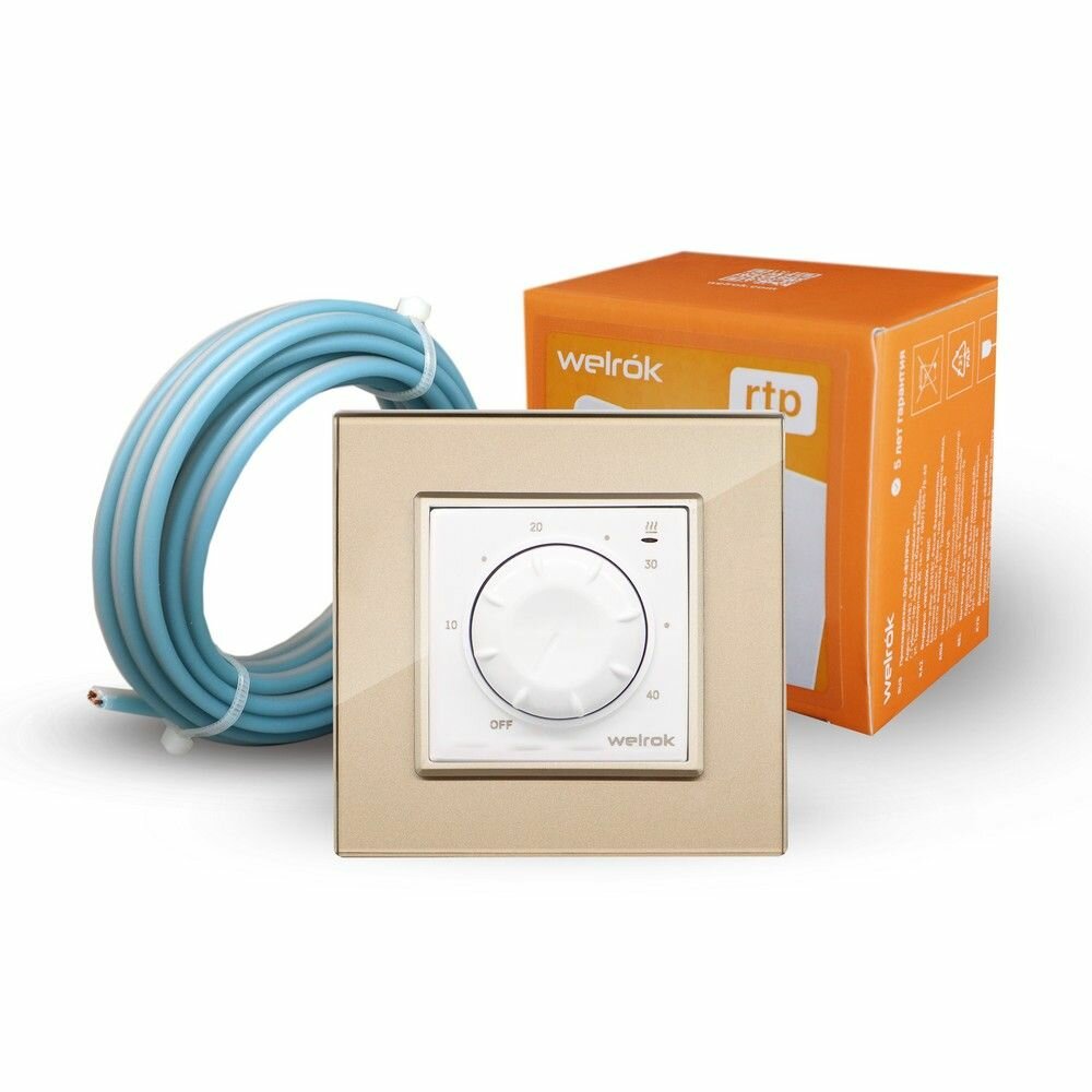 Терморегулятор Welrok RTP, механический, с датчиком пола 3 м, белый с золотой рамкой, совместим с LIVOLO