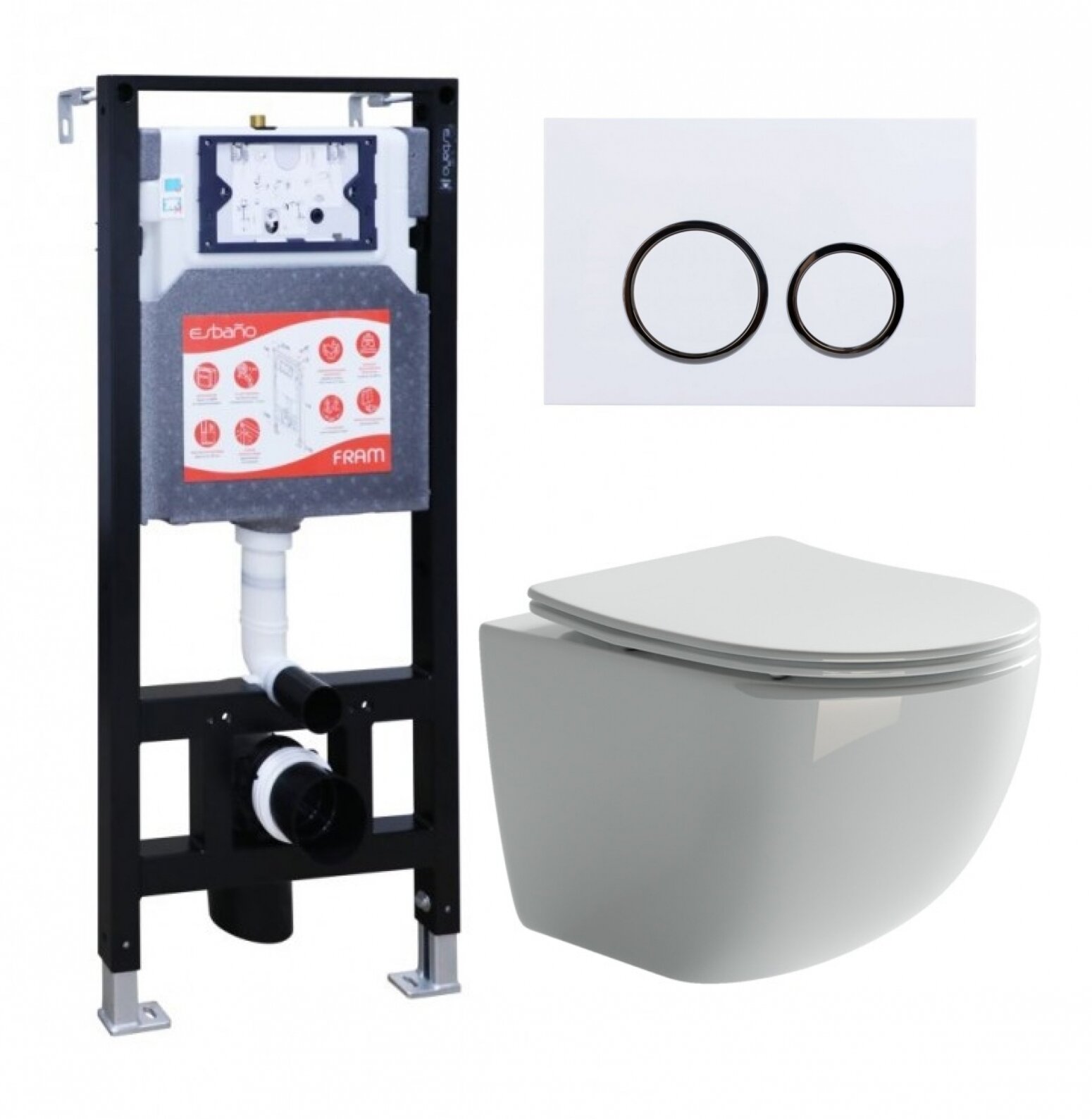 Комплект 3 в 1 инсталляция ESBANO FRAM + Унитаз подвесной Ceramica Nova Forma CN3009 + кнопка белая глянцевая