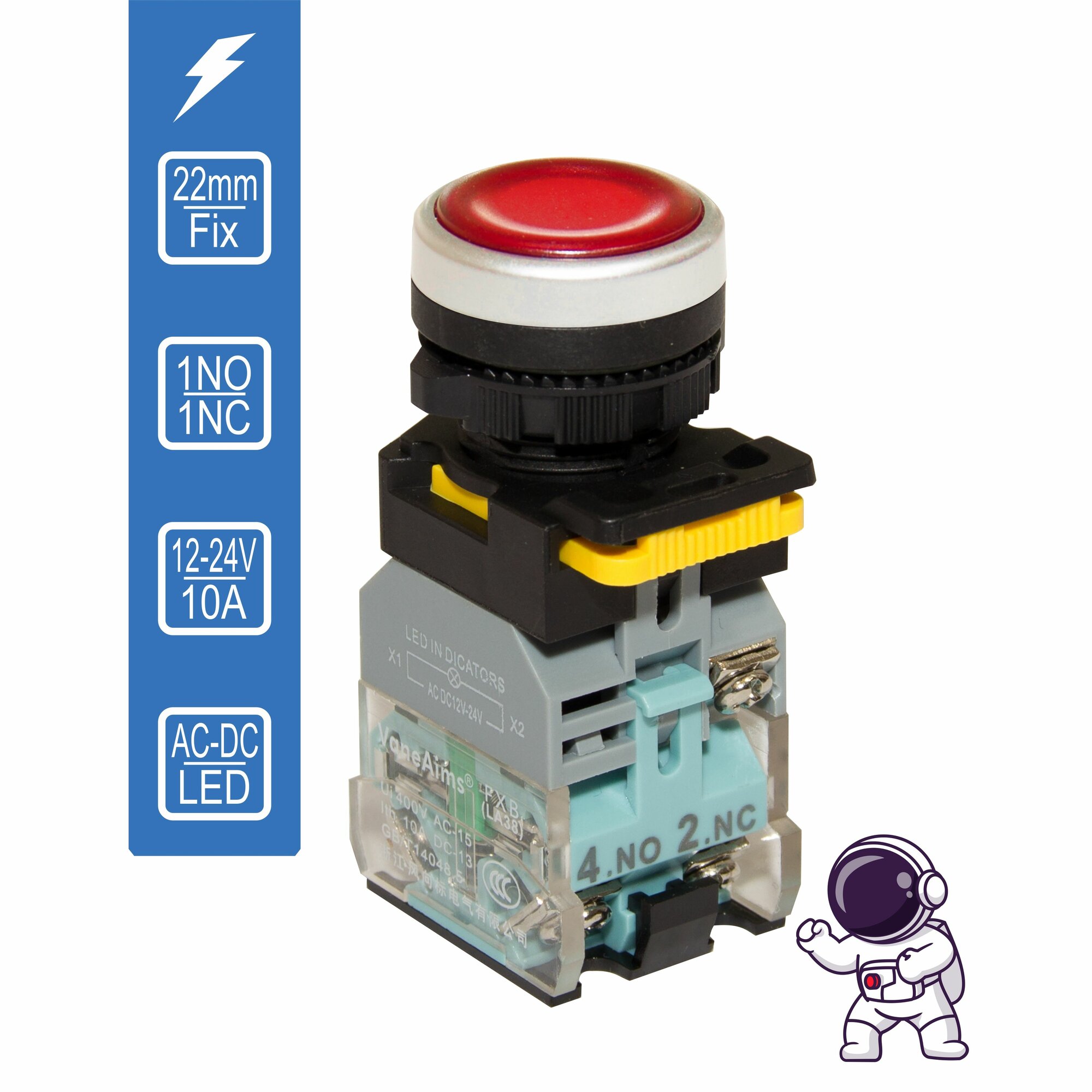 Кнопка с фиксацией 12В-24В AC/DC красная подсветка LA38 (1NO 1NC)