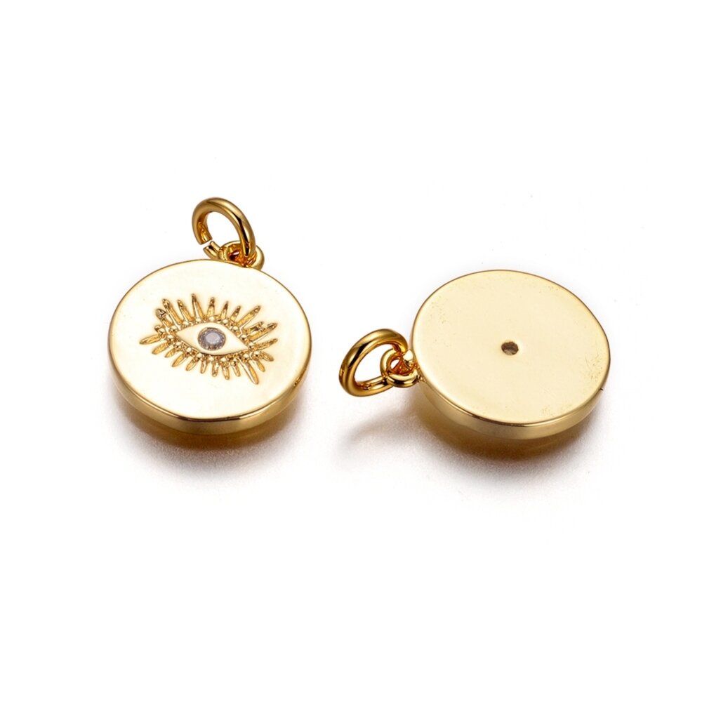 Подвеска 15х13х1.6мм, Milano, тег Дурной глаз, с фианитом, с колечком, базовый материал - латунь, под золото, 1 шт.
