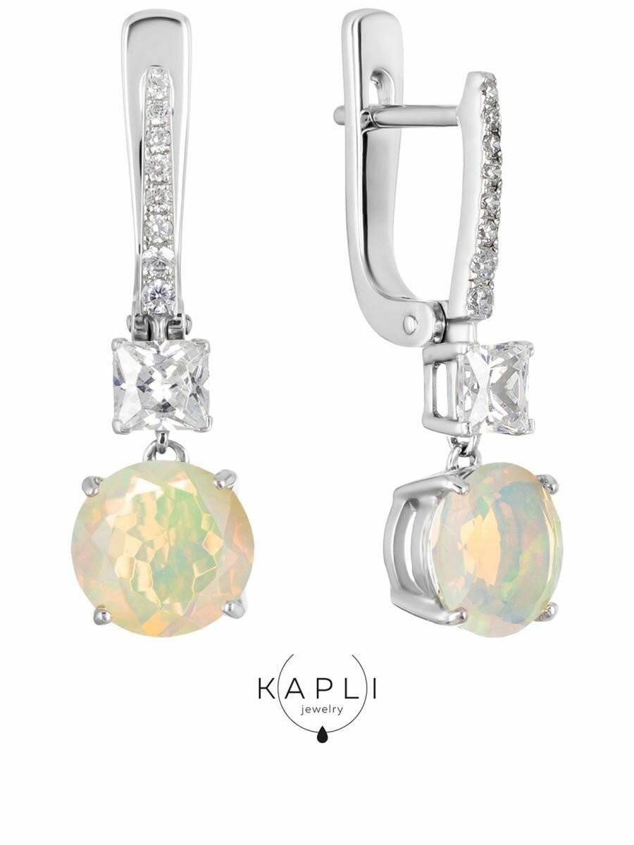 Серьги с подвесками, серебро, 925 проба, родирование, опал, фианит