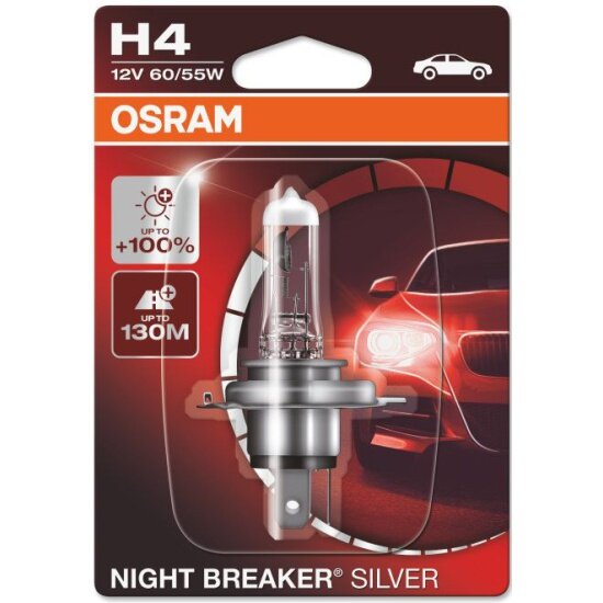 Лампа автомобильная Osram Night Breaker Silver H4 60/55W P43t+100% 12V, 64193NBS-01B