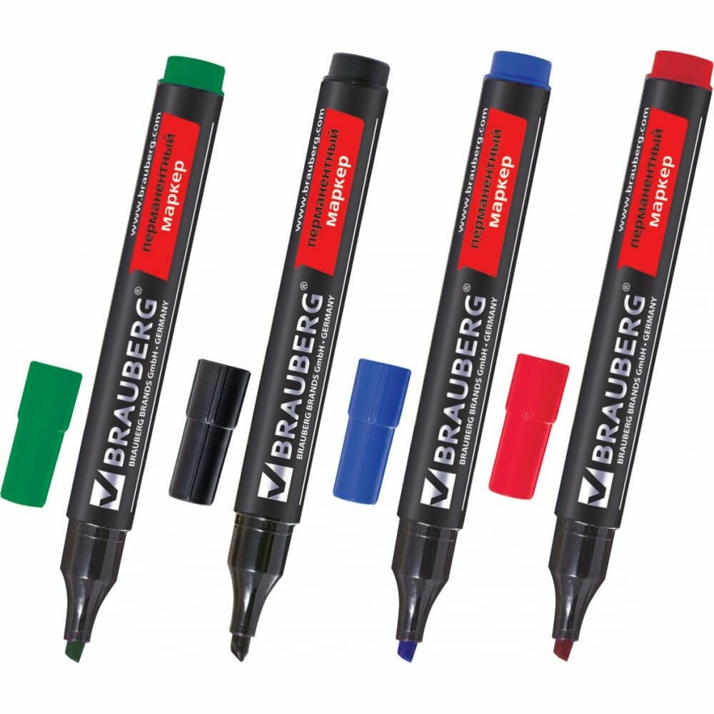 Перманентные нестираемые маркеры набор 4 шт, ассорти, Contract , без клипа, скошенные BRAUBERG 150473