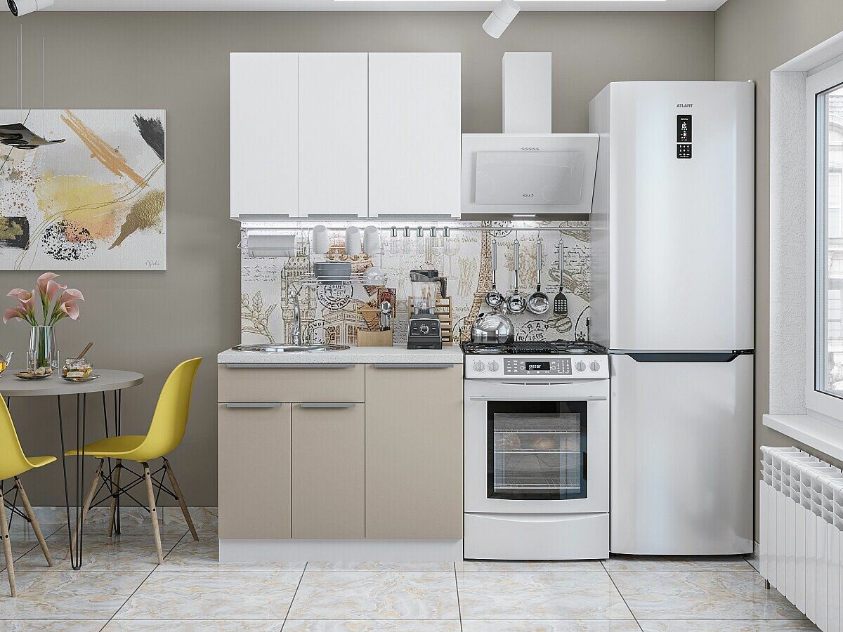 Готовый кухонный гарнитур кухня 1 метр со столешницей Фьюжн-05 2140*1000*600 Silky White, Silky Grey