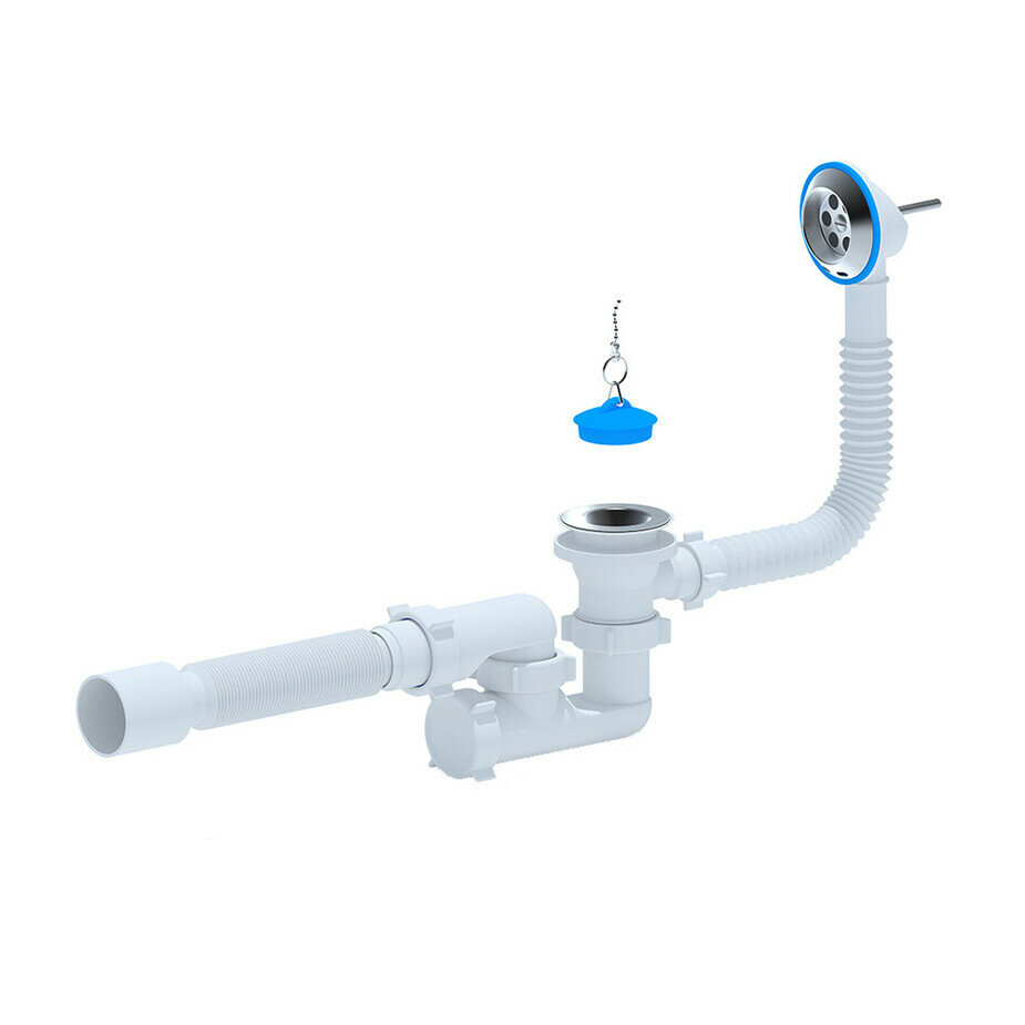 Сифон для ванны пласт 1 1/2х40 мм регулируемый слив d50 мм с выпуском d70 мм с соединением 40/50 мм (E255)