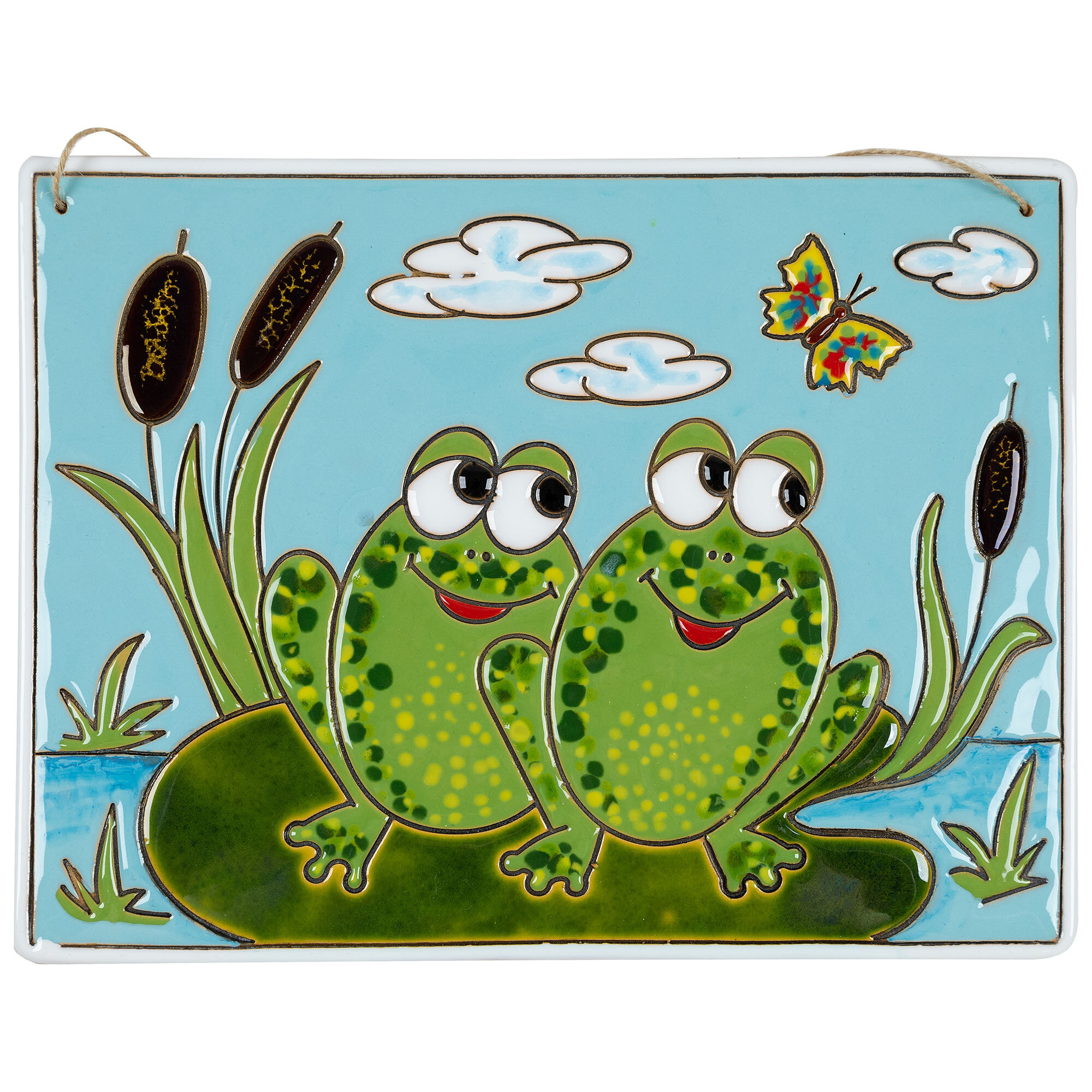 Панно декоративное Две лягушки в камышах керамическое авторской ручной работы