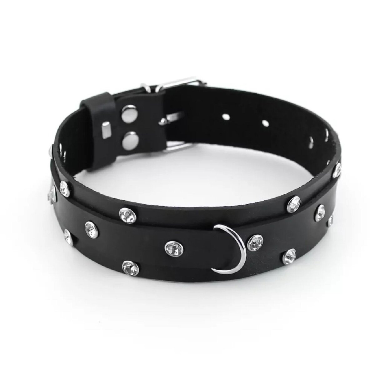 Ошейник со стразами и поводком цепочкой, кожа, черного цвета