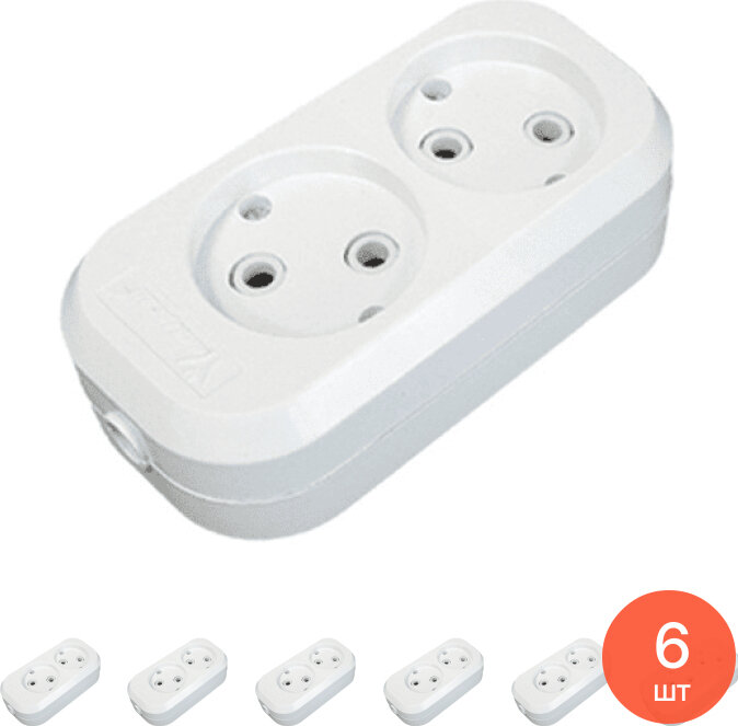 Блок розеток UNIVersal / Юниверсал 2 гнезда без заземляющих контактов АБС пластик, белый Е-202 / колодка электрическая для удлинителя (комплект из 6 шт)