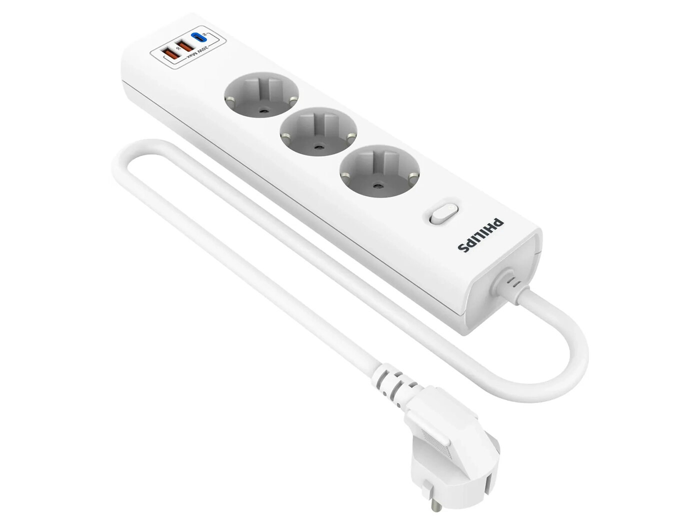 Сетевой фильтр Philips, 3 розетки, 3м, 2500Вт, 2xUSB, 1xUSB Type-C (20Вт), Белый, CHP4336WB/51