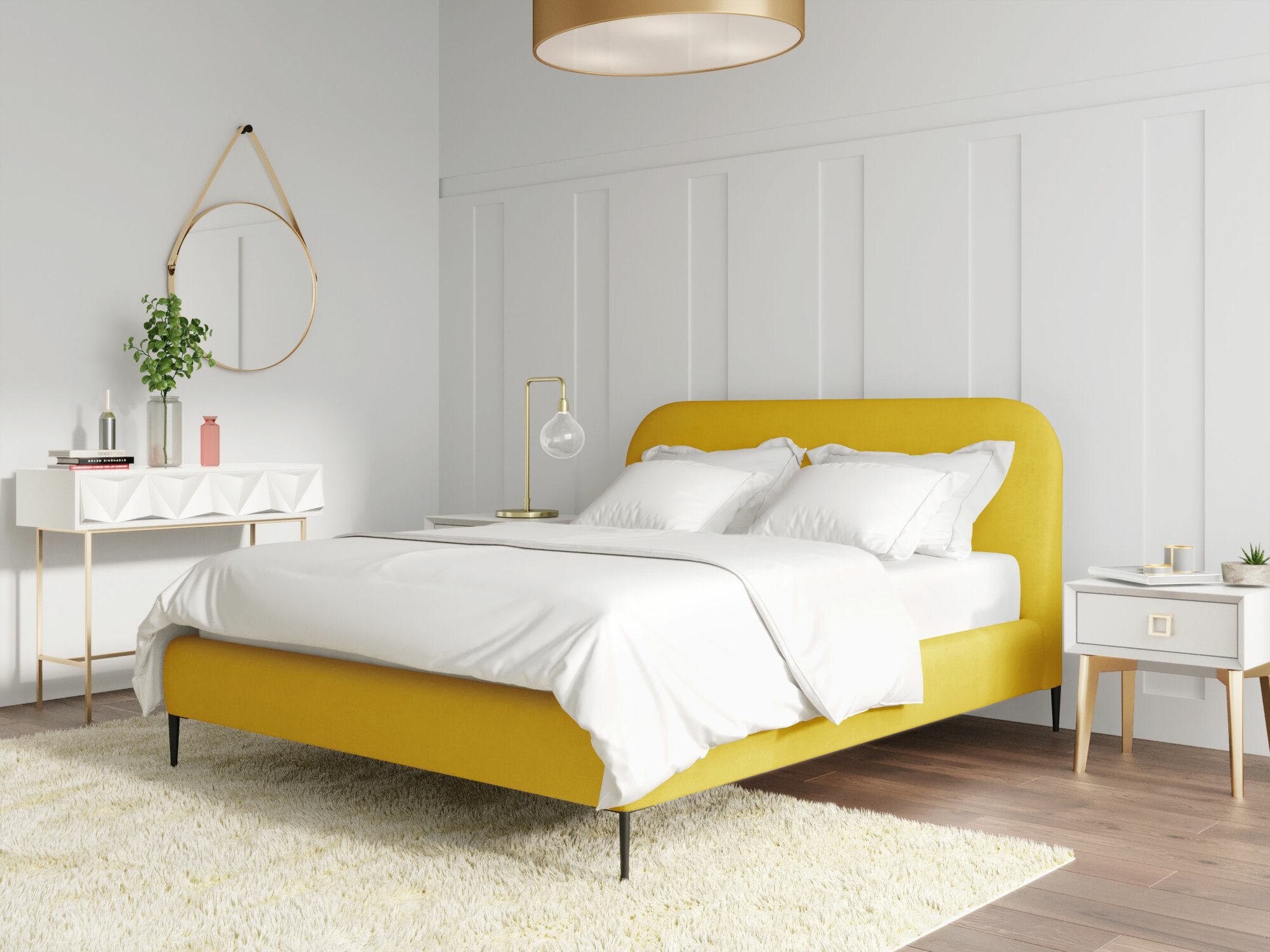 Двуспальная кровать 140х200, "Tailor" с мягким изголовьем для дома, для спальни, ортопедическое основание. Велюр горчичный (без подъёмного механизма) Teddy 011