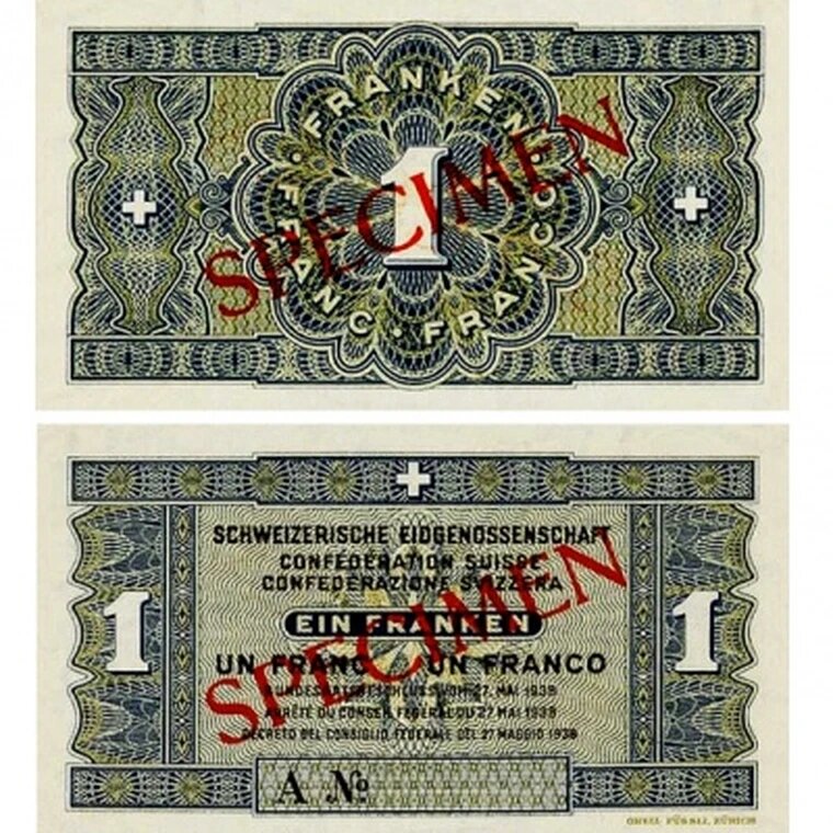Швейцария 1 франк 1938 надпечатка образец, сувенирная копия, банкноты и купюры редкие коллекционные