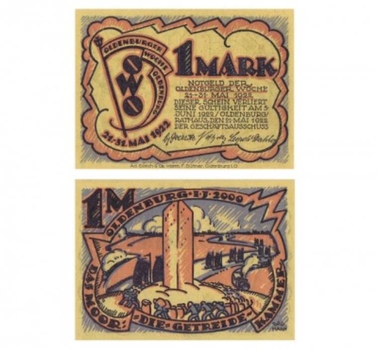Германия 1 марка 1922 Ольденбург, сувенирная копия нотгельда, банкноты и купюры редкие коллекционные