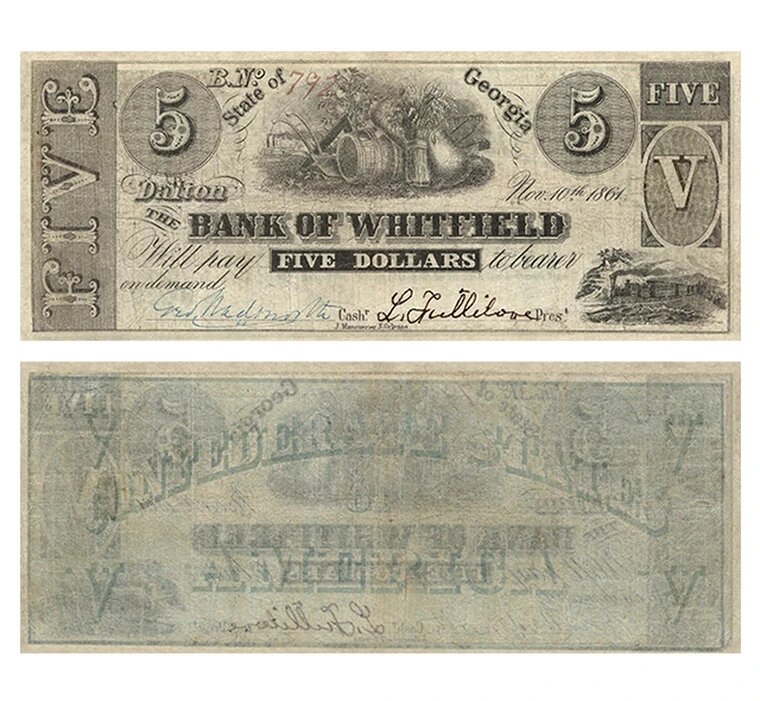 5 долларов 1861 США, Джорджия, BANK OF WHITFIELD, сувенирная копия, банкноты и купюры редкие коллекционные