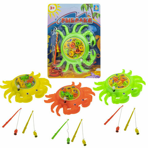 Игра-рыбалка "крабик С рыбками", механическая, 8 рыбок, 2 удочки, ассорти, 3 вида, 1TOY, Т52137