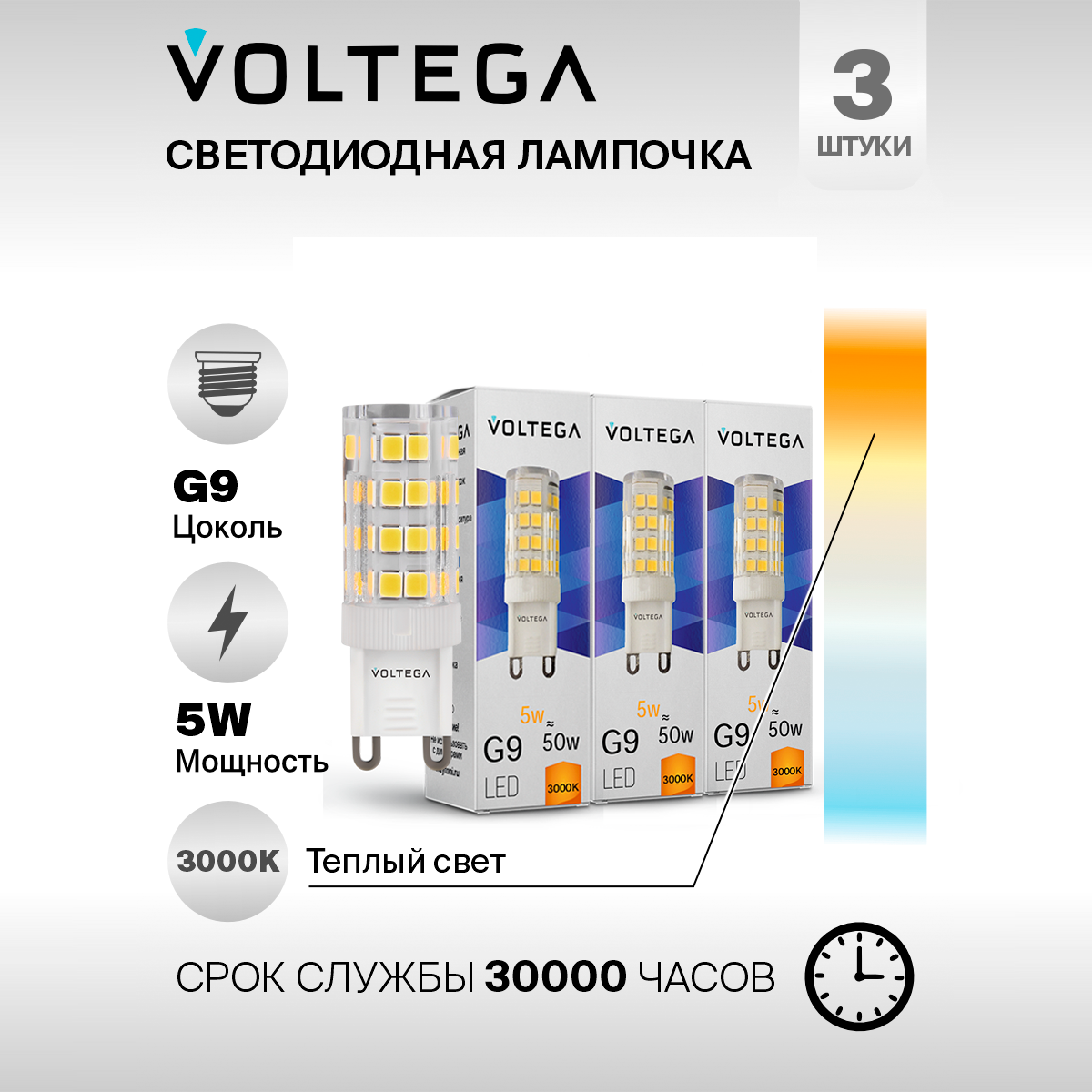 Лампочка светодиодная форма капсулы 5W теплый свет Voltega Simple Capsule 3000K упаковка 3 штуки