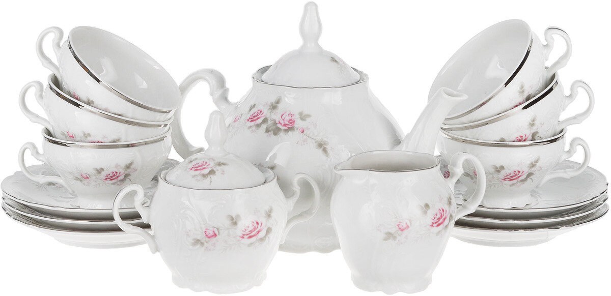 Чайный сервиз; декор "Бледные розы, отводка платина", 6/9
