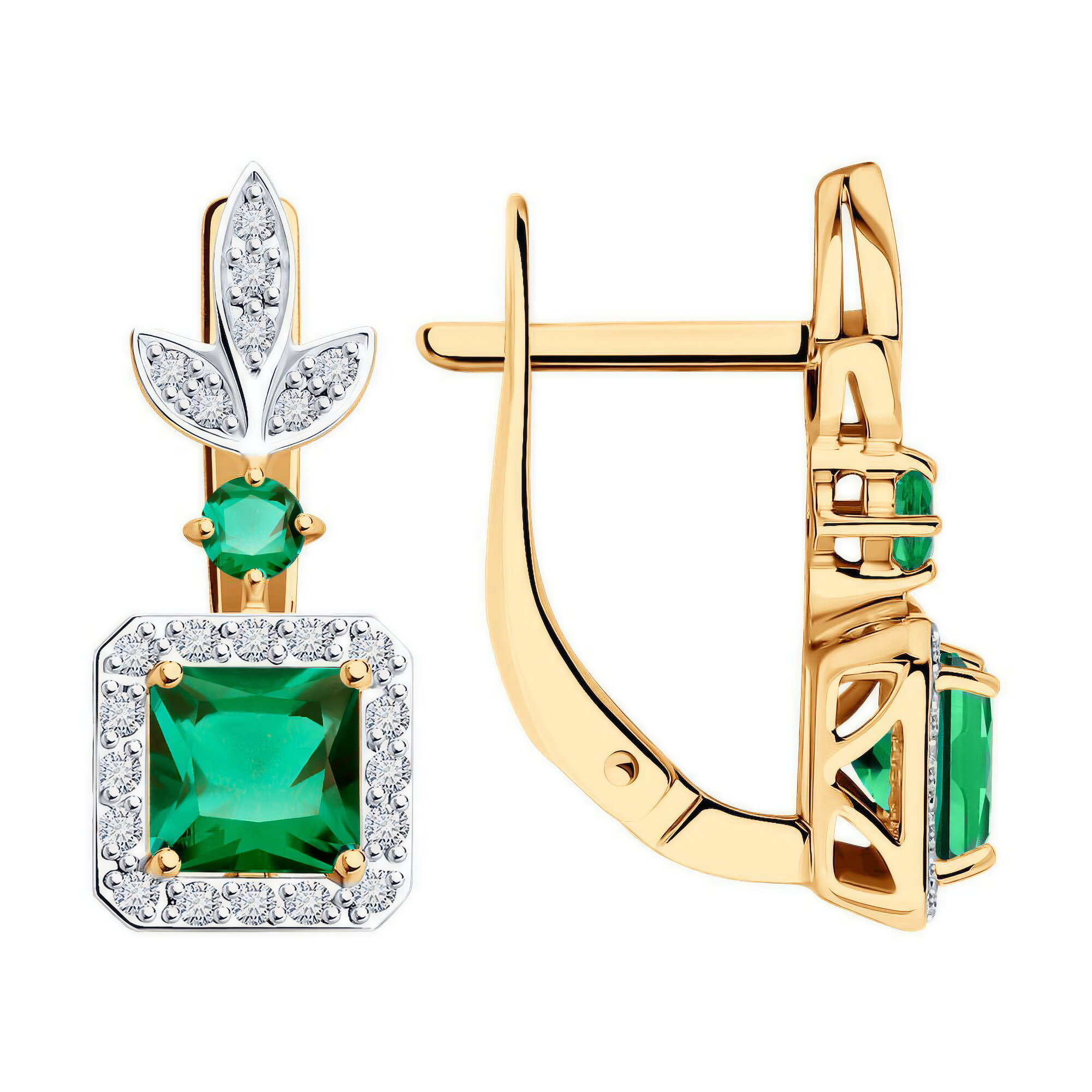 Серьги, красное золото, 585 проба, бриллиант, изумруд синтетический