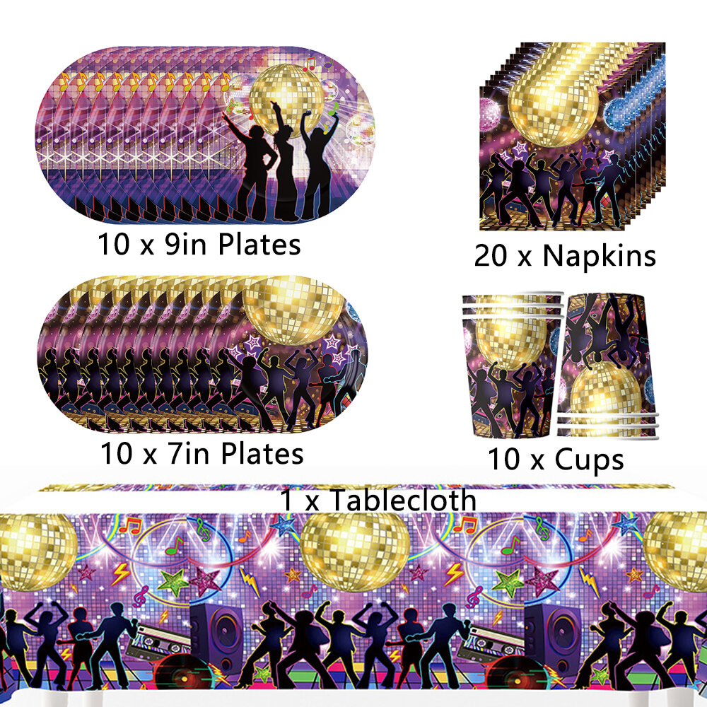 Набор посуды для вечеринки в стиле 80-х на 51 персону, в комплекте тарелки, чашки, салфетки, скатерть, рассчитан на 10 гостей