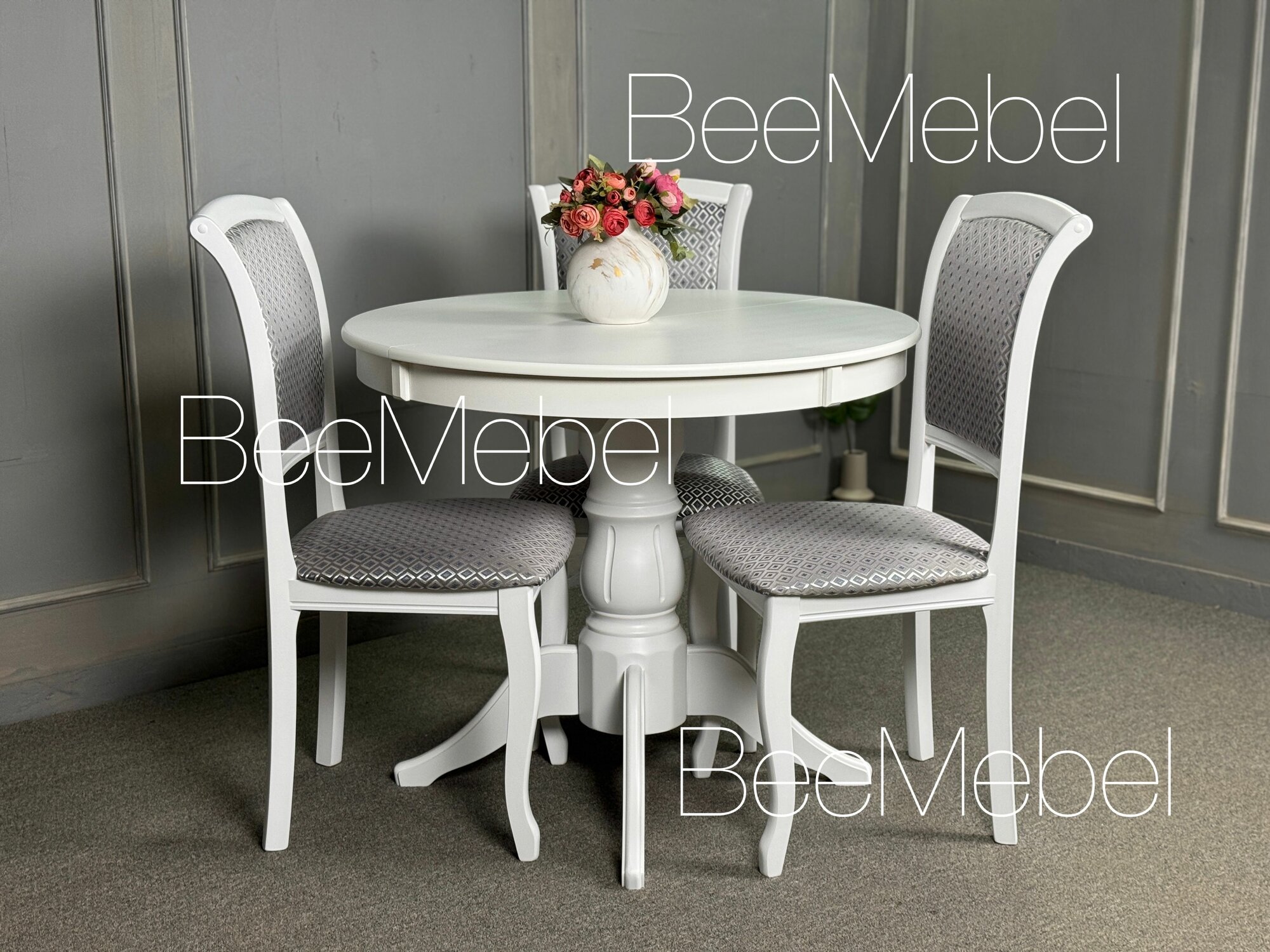 Обеденная группа, стол обеденный белый круглый 80см и 3 стула