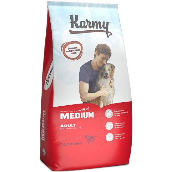 Корм сухой Karmy Medium Adult Телятина для взрослых собак средних пород старше 1 года, 14 кг