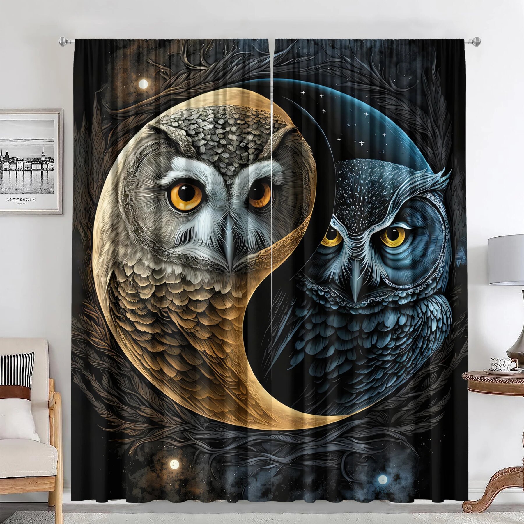 2 шт, занавески в ночное время в виде совы, Инь-Янь, Тай-Чи, 105x230 cm, Без крепления, Черный