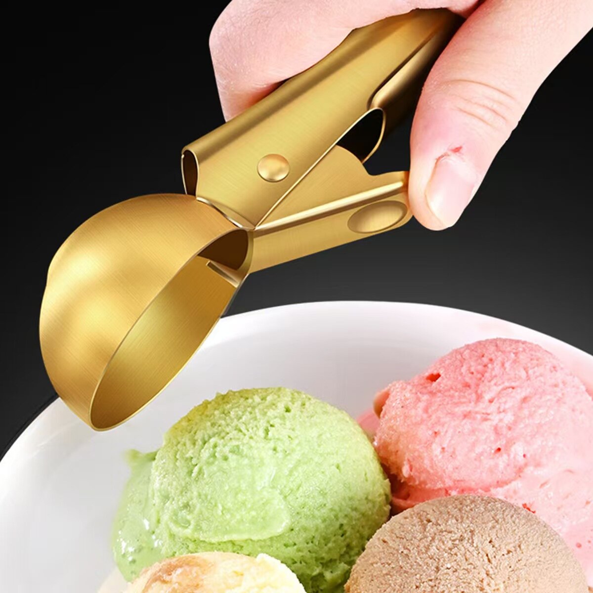Диаметр ложки 4.8 см, Золотая столовая ложка для мороженого из нержавеющей стали, пружинный механизм для мороженого