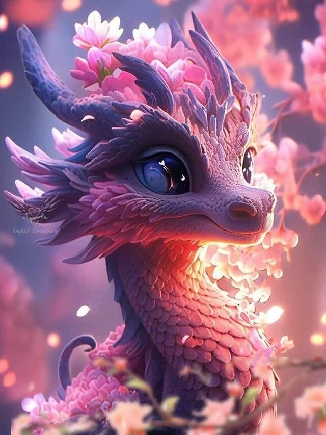 Алмазная мозаика на подрамнике "Маленький Дракон" круглые бриллианты 40х50см