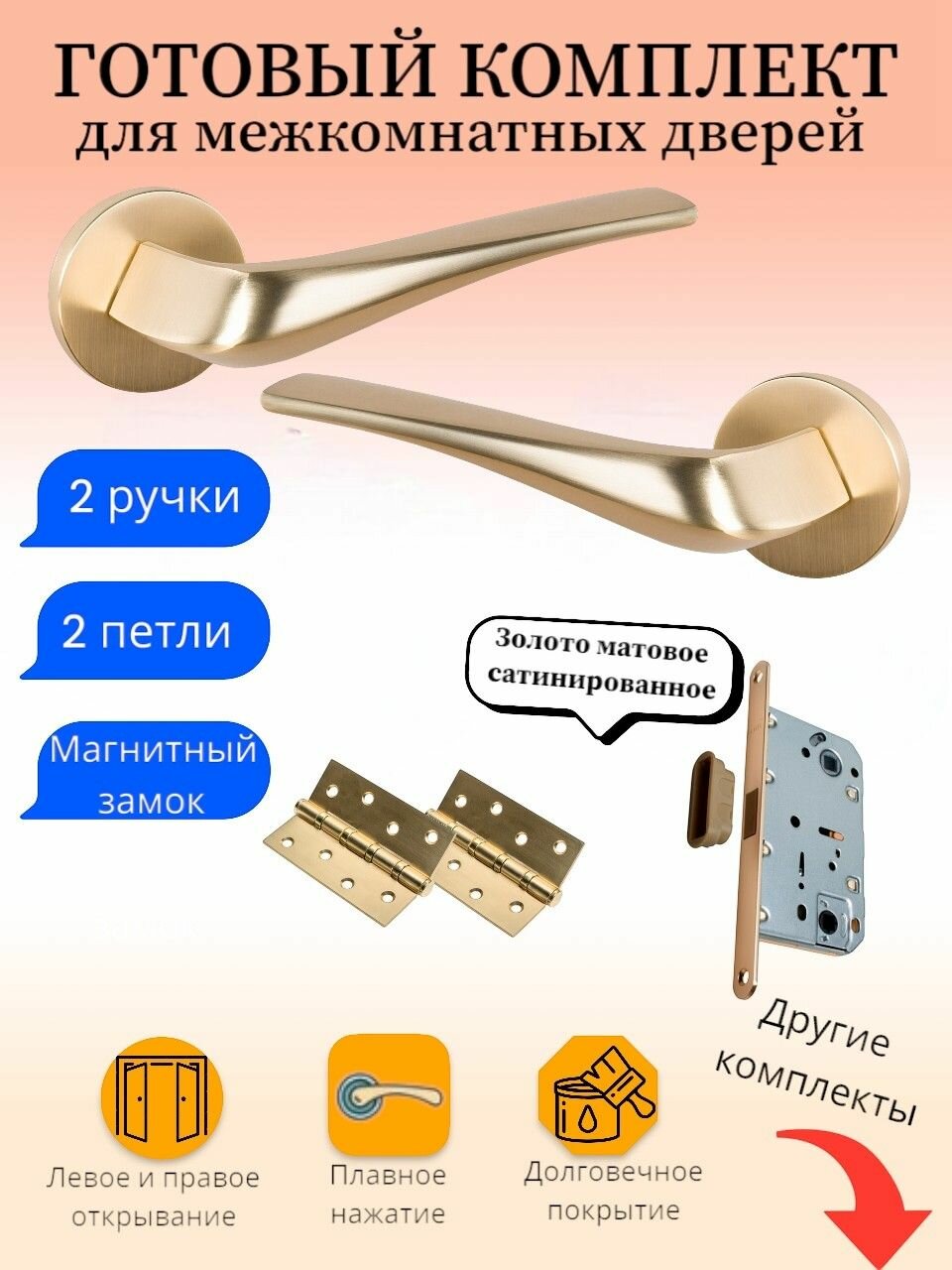 Ручка дверная межкомнатная PUERTO INAL_547-06_slim_SSG_MAG, золото матовое сатинированное (ручка + магнитный замок wc + 2 универсальные петли)