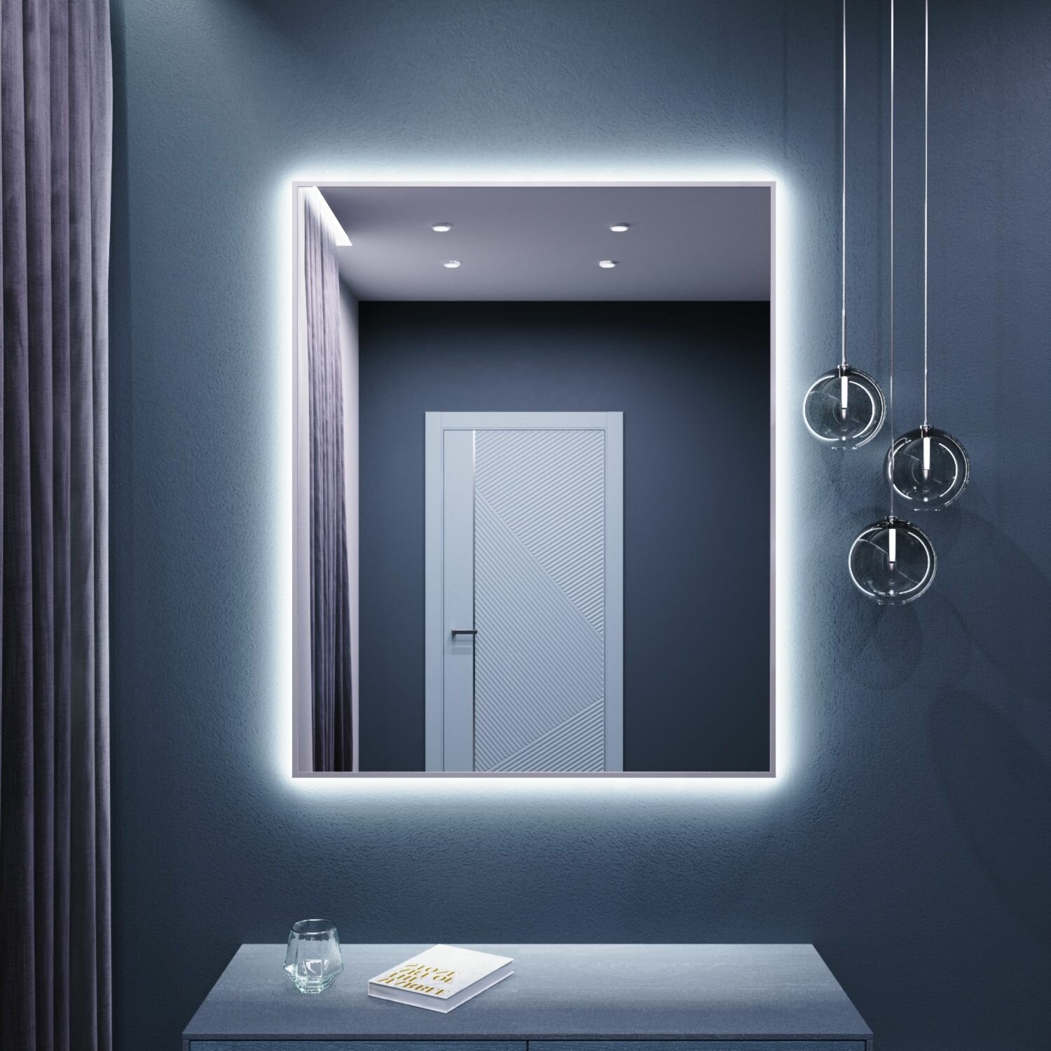 Зеркало настенное 100х90 см. BLX MIRROR с подсветкой в ванную в алюминиевой раме. Свет: Холодный белый 6000К, Серебро