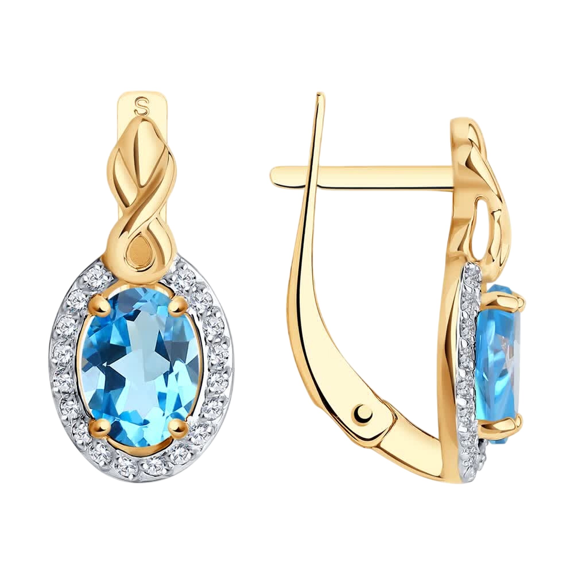 Серьги, красное золото, 585 проба, топаз, фианит