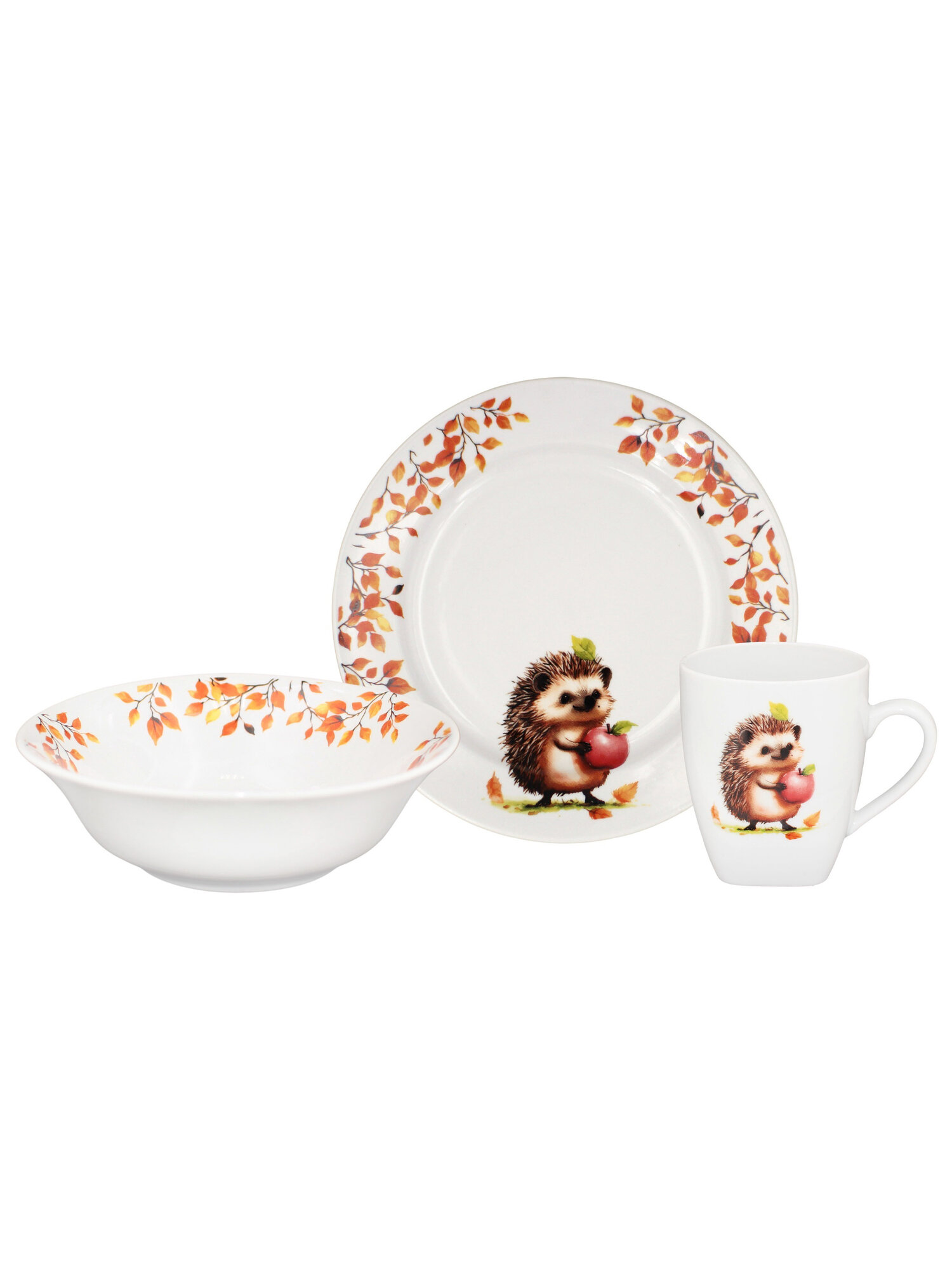 Набор детской фарфоровой посуды из 3-x предметов "Ежик" Дулево (салатник, тарелка, кружка Глория)