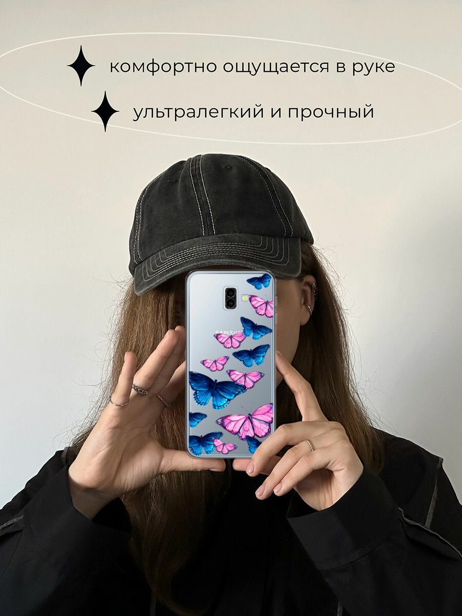 Чехол на Samsung Galaxy J6 + / Самсунг Галакси J6 Плюс 2018 с принтом "Взлетающие бабочки", прозрачный — фото 1