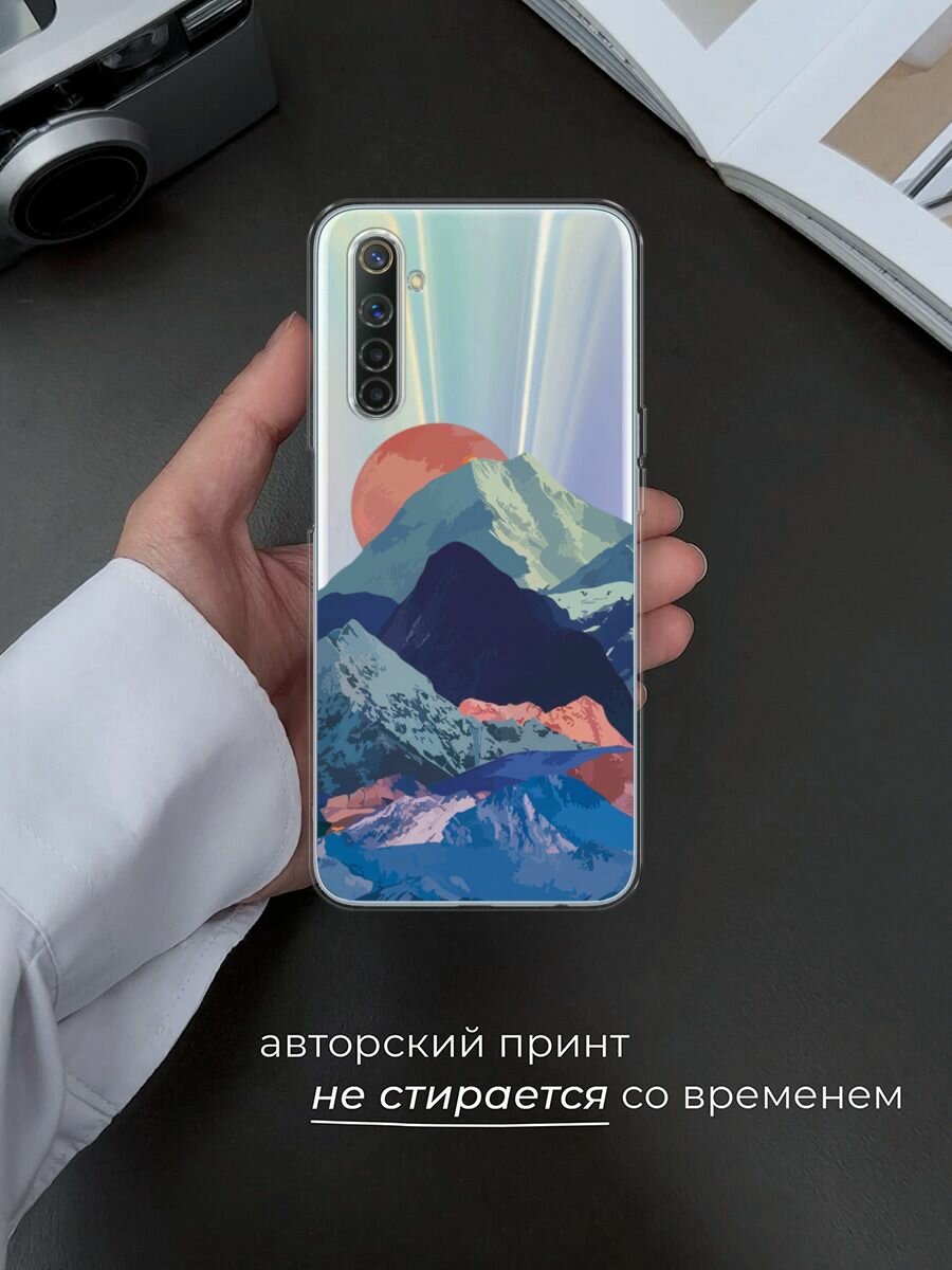 Чехол на Realme 6 / Реалми 6 с принтом "Закат в снежных горах", прозрачный — фото 1