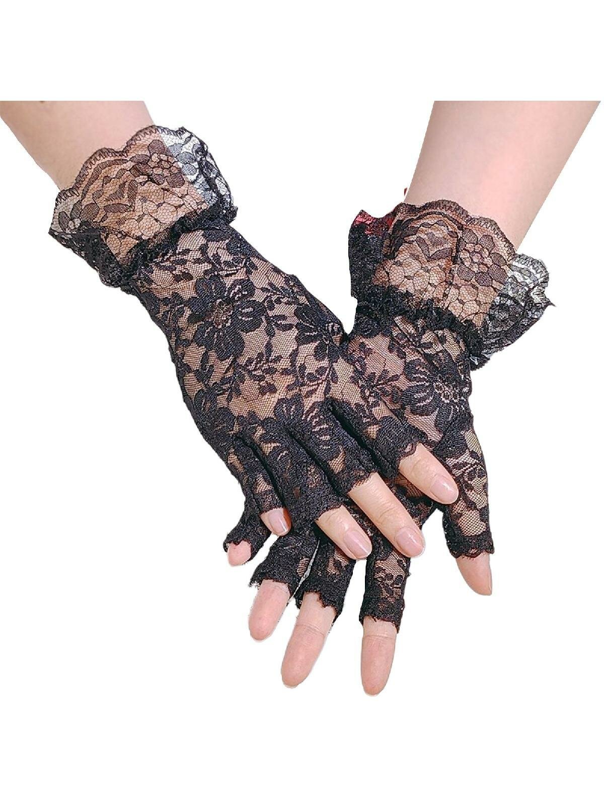 Кружевные перчатки на полпальца-черные