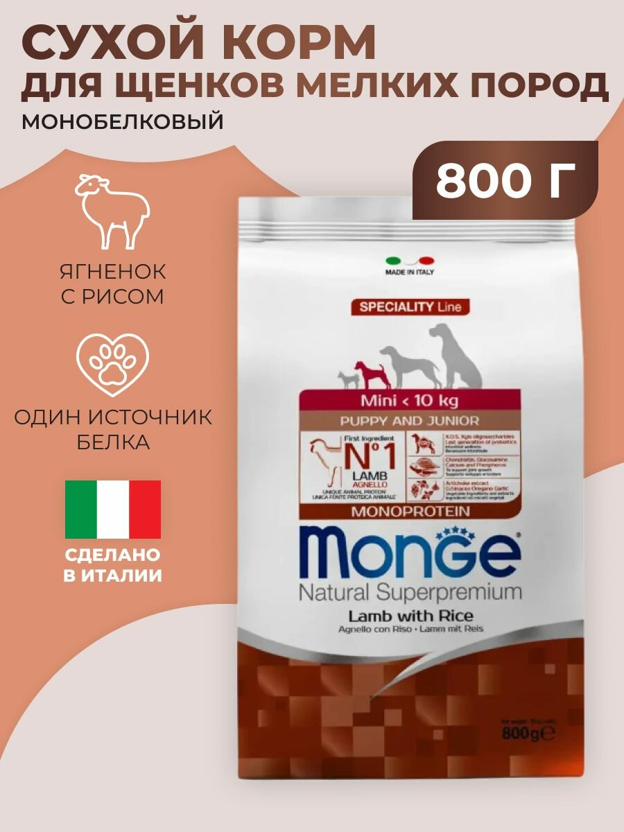 Monge NS Speciality Line Mini Puppy & Junior With Lamb And Rice Сухой корм для щенков мелких пород, с ягненком и рисом, 800 гр.