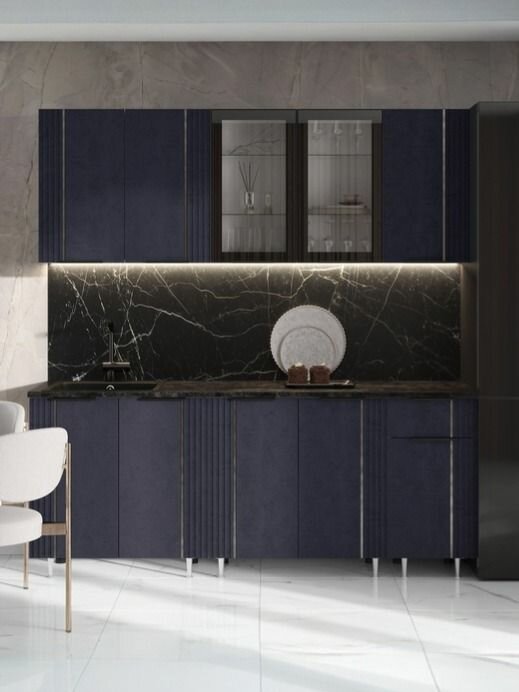 Кухонный гарнитур Виктория 2м пластер индиго/корпус графит со столешницей миф