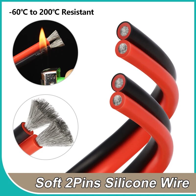 2 контакта, медный провод, силиконовый кабель, мягкий 30/28/26/26/24 ~ 08AWG, гибкий светодиодный разъем «сделай сам», черный, красный, высокотемпературный электрический провод