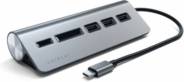Разветвитель Satechi "Серый космос", USB Type-C, 3 разъема, SD/microSD