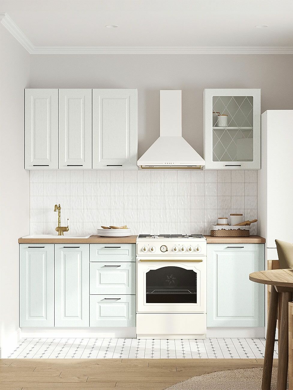 Кухонный гарнитур Шервуд 1.5 м, мебель для дома и кухни, Белый / Арктик со стеклом / Деним голубой