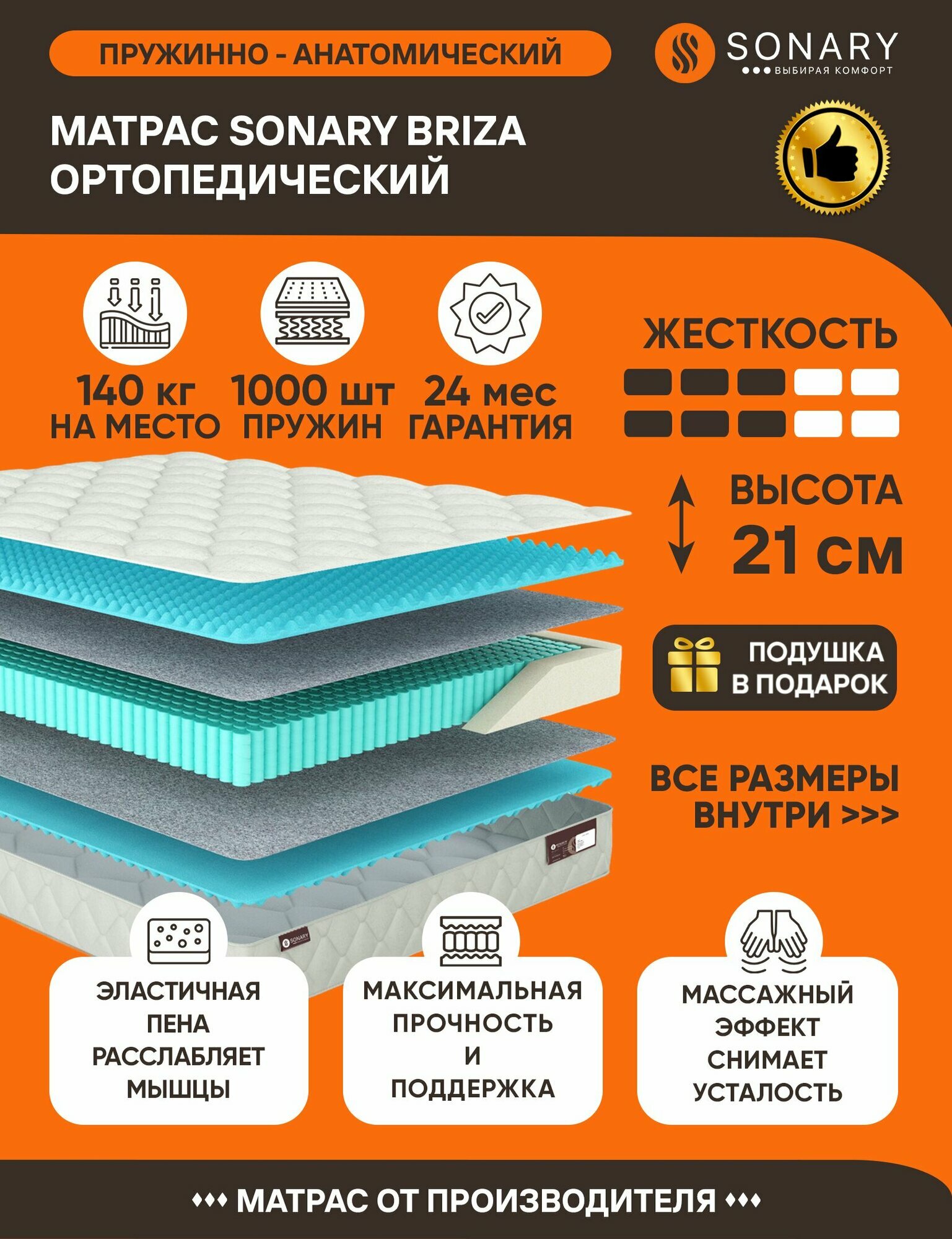 Матрас Sonary Briza 80х175 серии Relax высота 21 см анатомический средней жесткости Независимые пружины