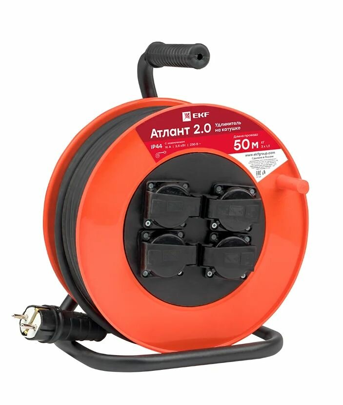 Удлинитель на катушке Атлант 2.0/ 4 розетки/ 40 метров/ с заземлением/ КГхл 3*1,5 16А/3,5кВт/ IP44/ EKF PROxima