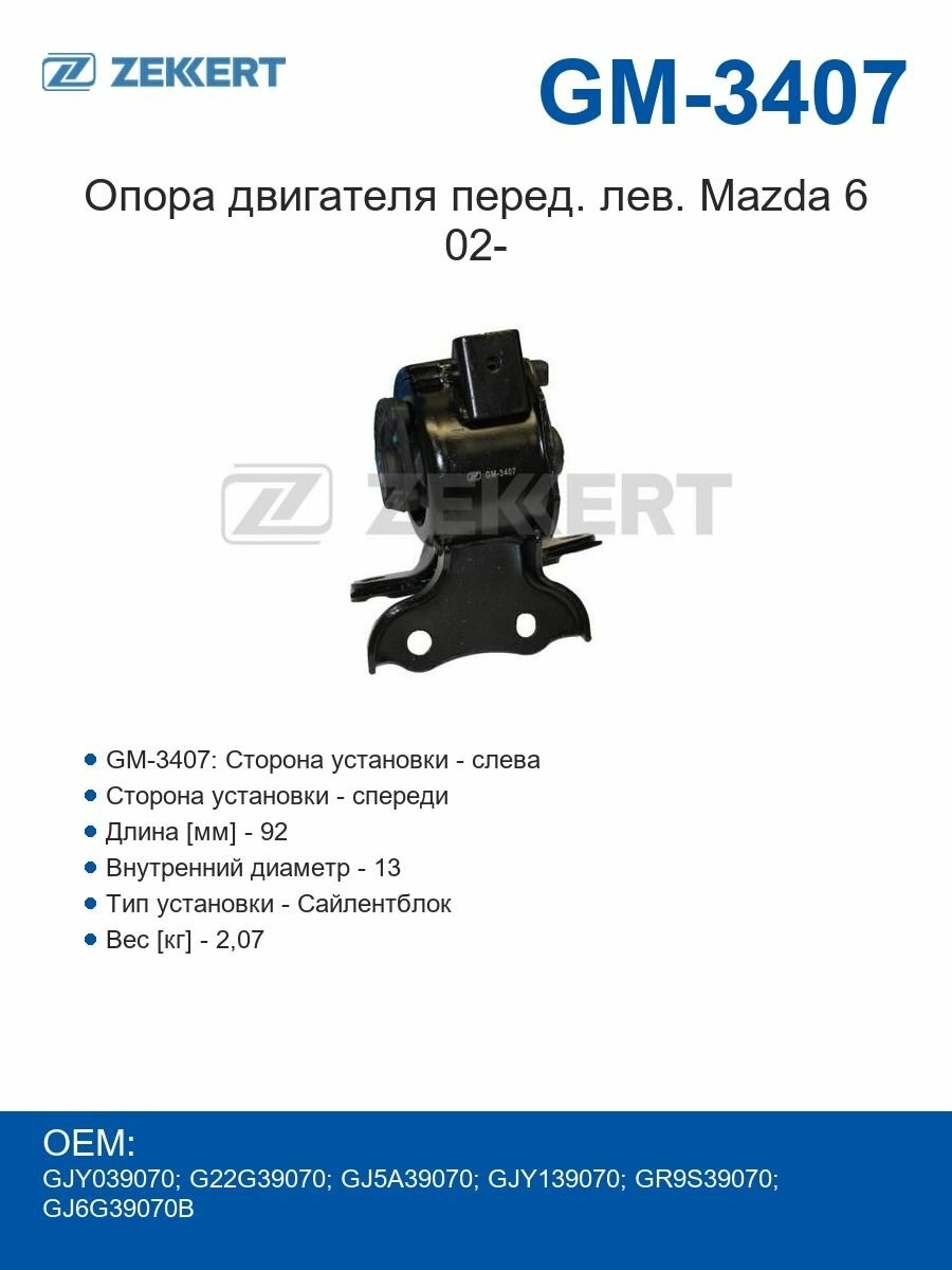 Zekkert Опора двигателя передняя левая Mazda 6 с 2002 года