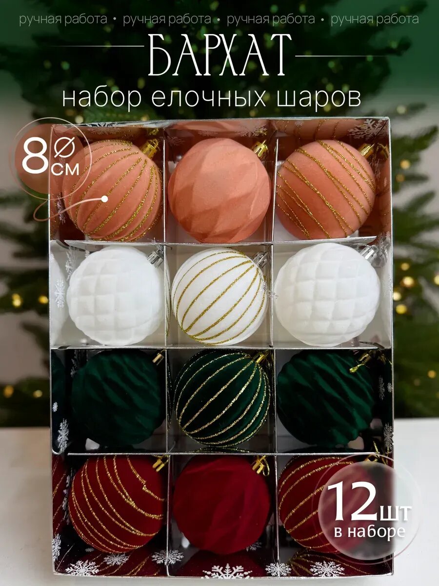 Набор елочных шаров бархатных,6, false