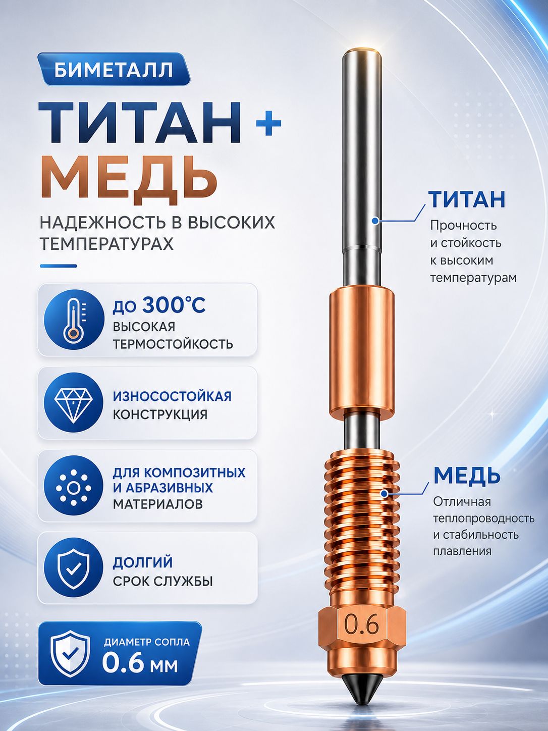 1 шт сопло 0.6 мм Unicorn K2P, прямая замена штатному, совместимо с Creality K2 Plus, K2, K2 Pro, Creality Hi, стабильная экструзия, температура до 350 , печать 600 мм/с