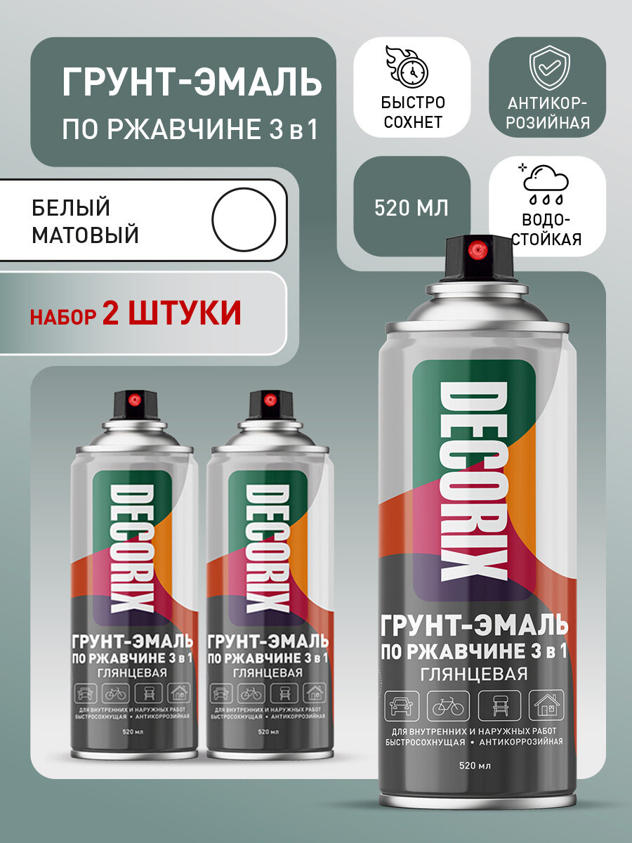 Аэрозольная грунт-эмаль по ржавчине 3 в 1 краска для металла белая матовая DECORIX 520 мл в баллончике - комплект 2 шт