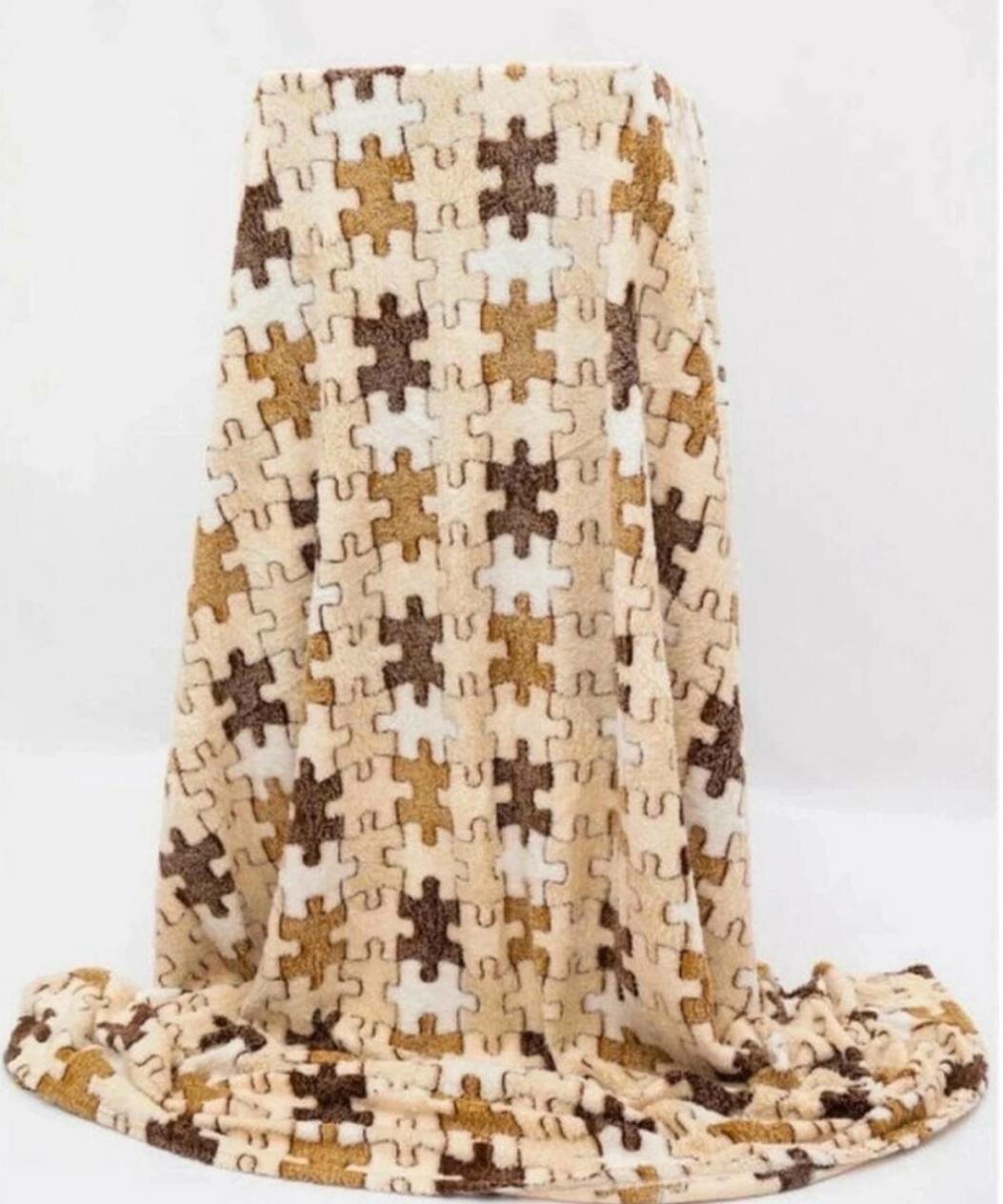 Плед флисовый "Пазлы" Бежевый / покрывало на диван, кровать 180х200