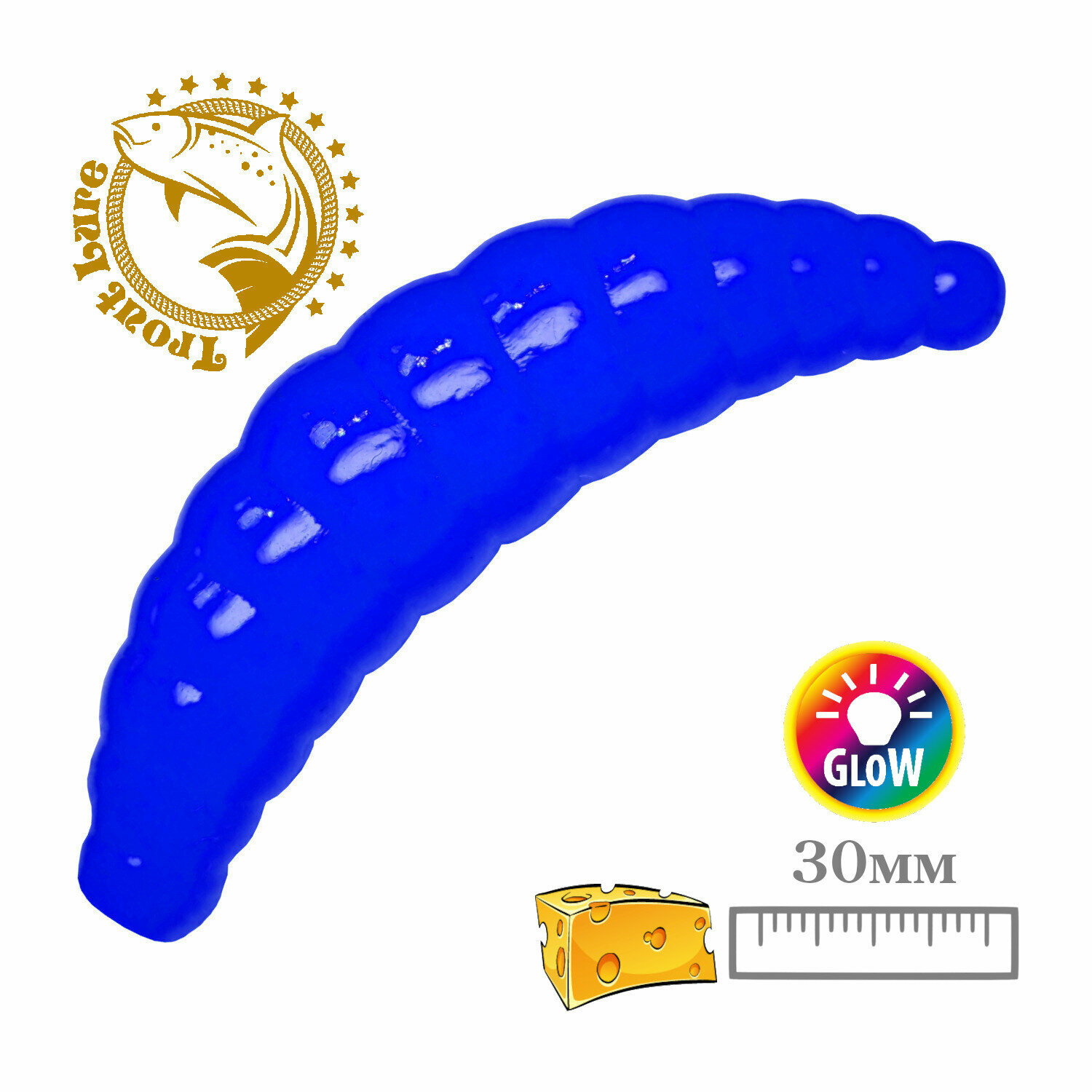 Силикон TROUT LURE (SANSAN) в банке, MAGGOT 30, СЫР, COL. 105 (Blue Glow), (12шт)