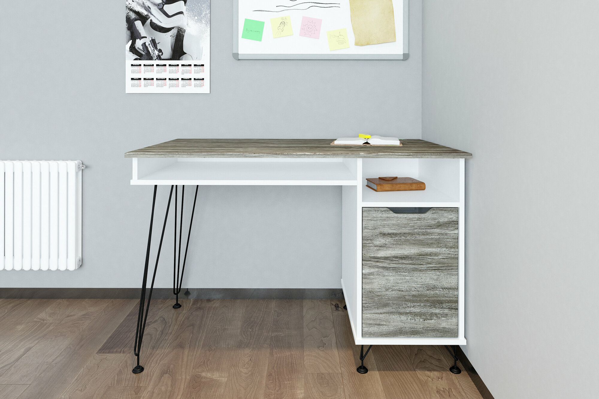 Письменный стол ВМФ Kraft W, с тумбой справа, МДФ и ЛДСП, белый - дуб винтаж графит, 110х60х73