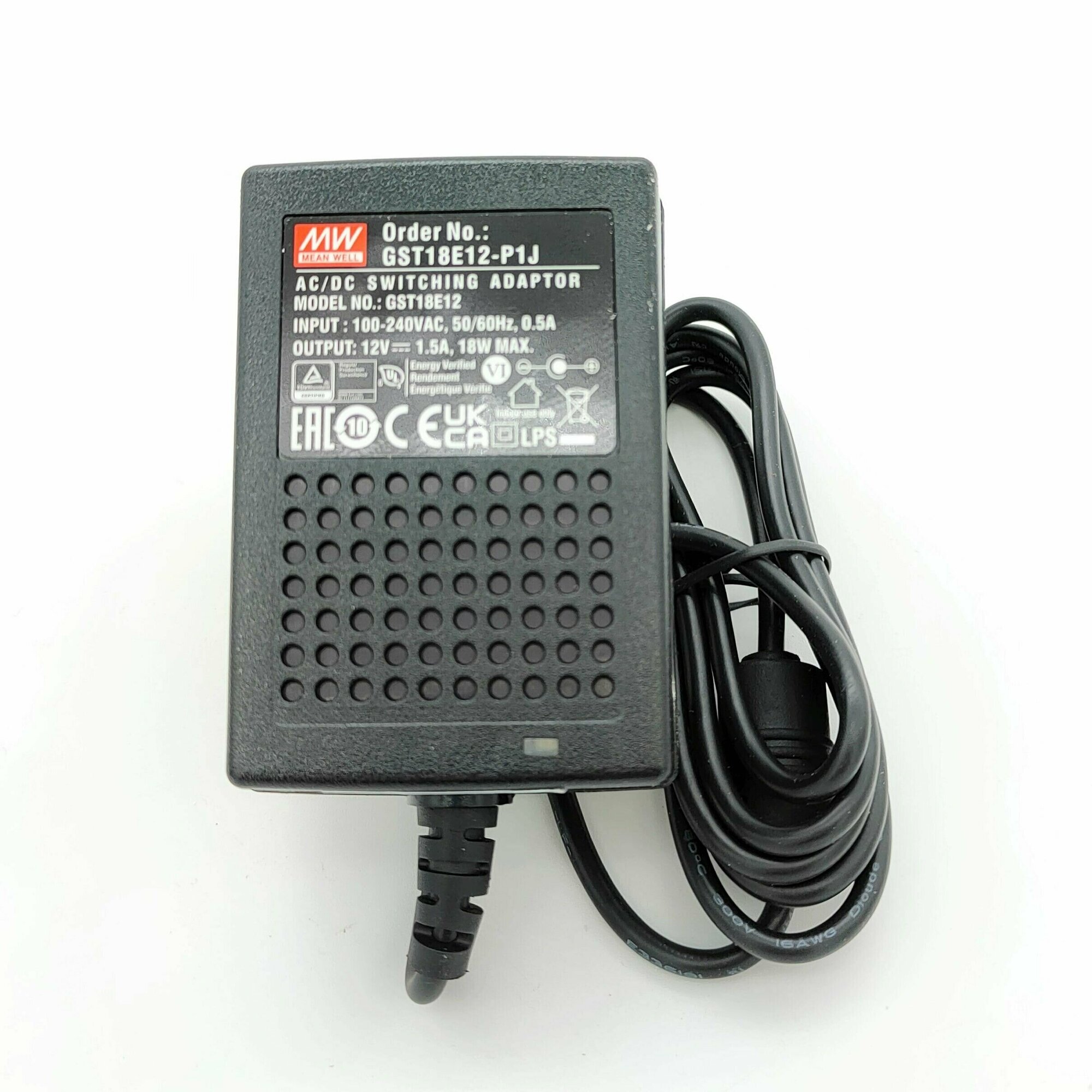Блок питания сетевой, 12в, 1.5а, 18вт, 5.5*2.1мм (+), сетевая вилка, Mean Well GST18E12-P1J